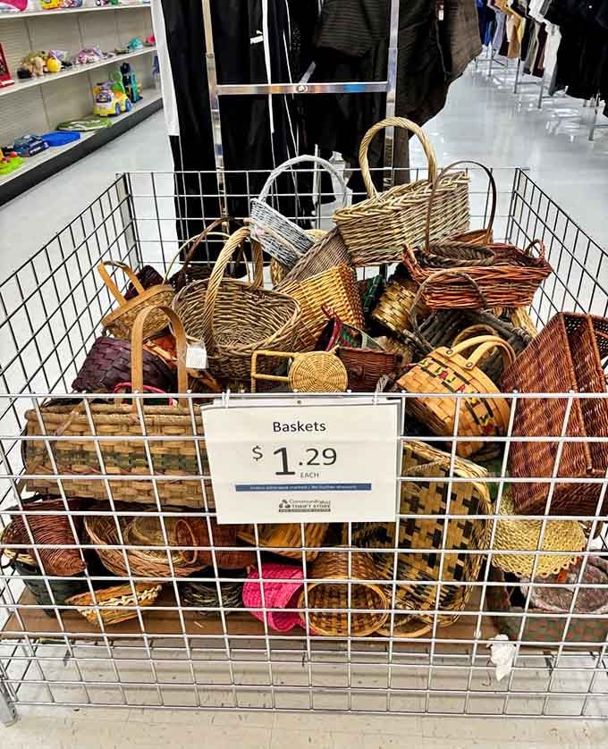 Wicker baskets overflow with more wicker baskets, creating a basket inception that somehow makes perfect thrifting sense.