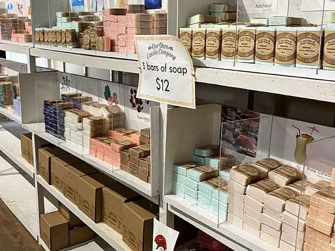 Handcrafted soaps stacked in pastel towers prove that even your hygiene routine deserves to feel like a boutique spa experience.