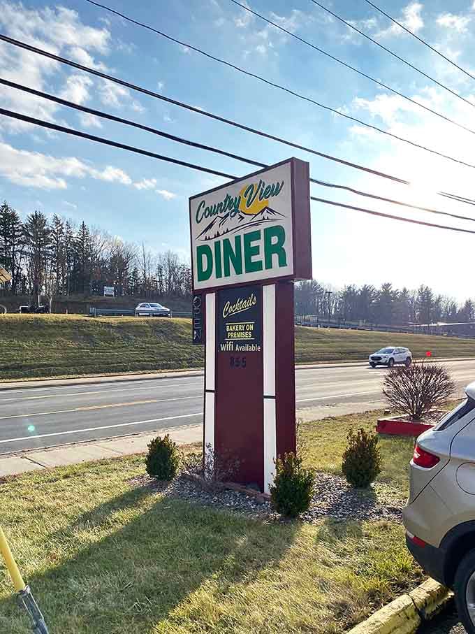 The roadside sign promises good things ahead for hungry travelers who know where to stop and eat.