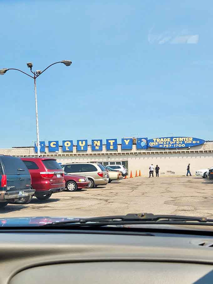The County Line Trade Center sign welcomes bargain hunters and treasure seekers to their new favorite weekend destination spot.