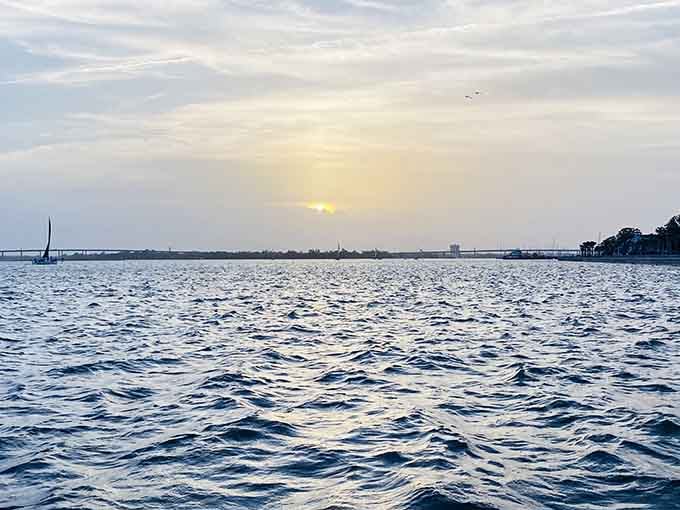 Rippling water stretches endlessly toward the horizon, each wave catching light like scattered diamonds across blue velvet.