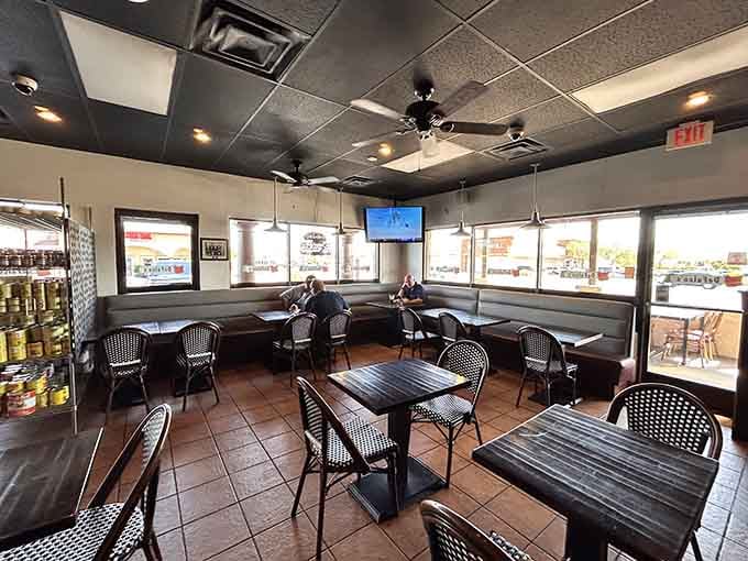 The dining area offers comfortable seating where you can enjoy your sandwich without rushing back to reality.