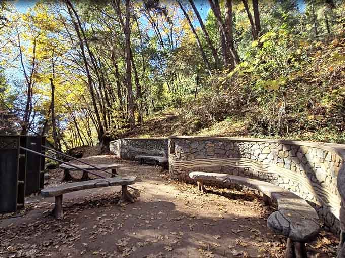 Stone walls and wooden benches create the perfect spot to rest and pretend you're contemplating life's mysteries.