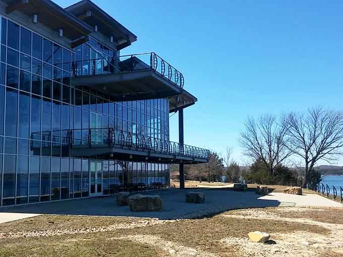 Winter reveals the building's bones and unobstructed lake views that summer's greenery politely conceals from visitors.