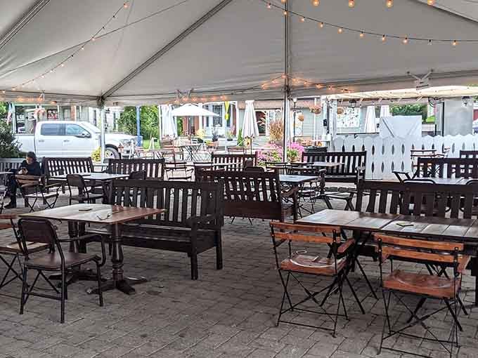 Outside seating under tents lets you enjoy history without sacrificing fresh air and natural light.