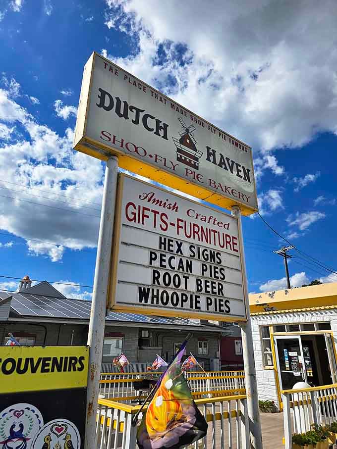 The sign that made shoo-fly pie famous, beckoning travelers to stop and discover what all the fuss is about.