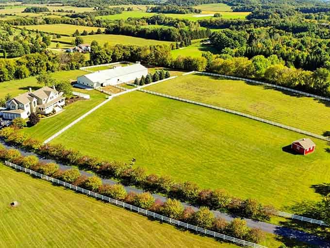 From above, those rolling green pastures and white fences look like Wisconsin's own slice of paradise.