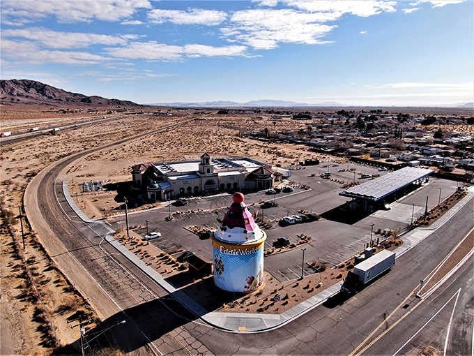An aerial view reveals the full scope of this desert oasis, complete with that magnificent ice cream cone.