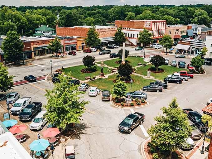 The town square from above reveals Edgefield's secret: peace isn't found, it's cultivated through generations of taking it easy.