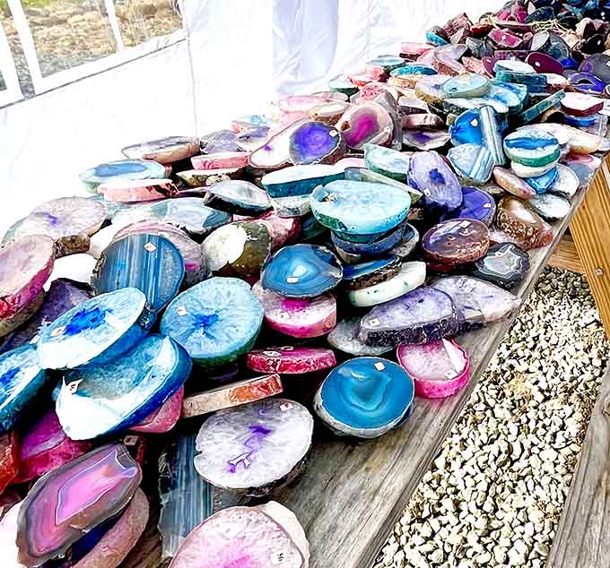 Dyed agate slices in every color imaginable, like nature decided to throw a rainbow party.