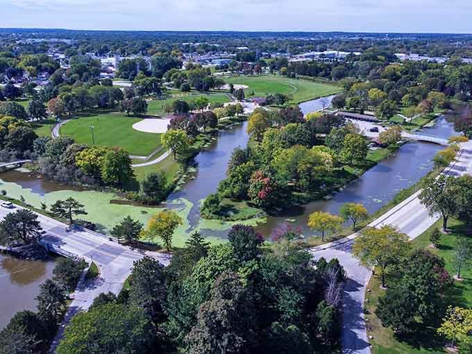 From above, you can see how green space and water make this town breathe easier than most.