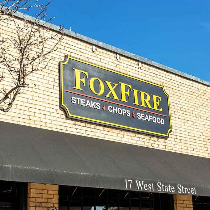 The sign says it all: steaks, chops, and seafood await at 17 West State Street in Geneva.