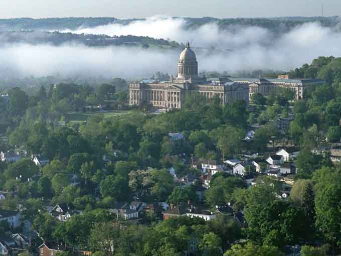 Morning mist rolling through town like Frankfort ordered atmosphere from a specialty catalog and got it.