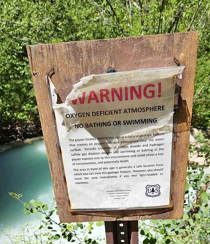 This warning isn't kidding around; the oxygen-deficient atmosphere near the water makes swimming genuinely dangerous and potentially deadly.