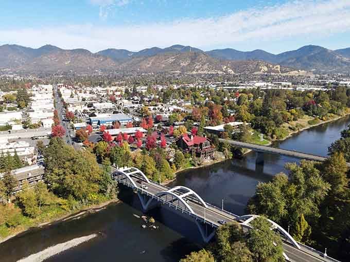 From above, Grants Pass reveals its best secret, a river, a bridge, mountains, and a town that simply works beautifully.