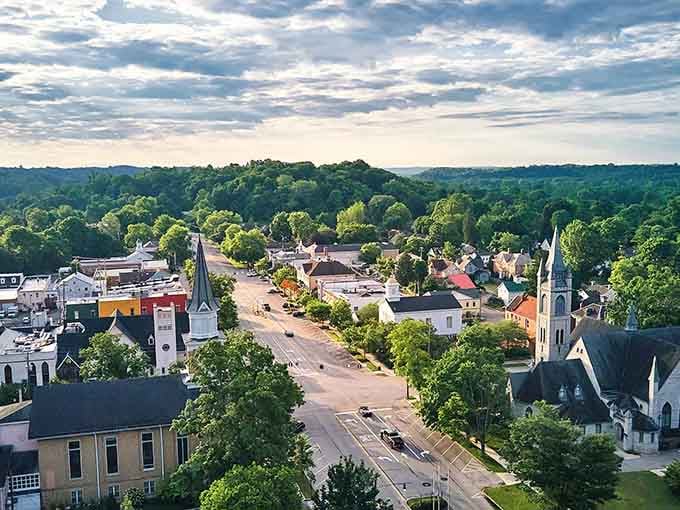 This aerial view reveals Granville's perfect blend of history, nature, and charm that GPS coordinates simply can't capture.