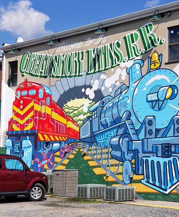 This vibrant mural captures the whimsical spirit of a railroad that's become part of the community's identity.