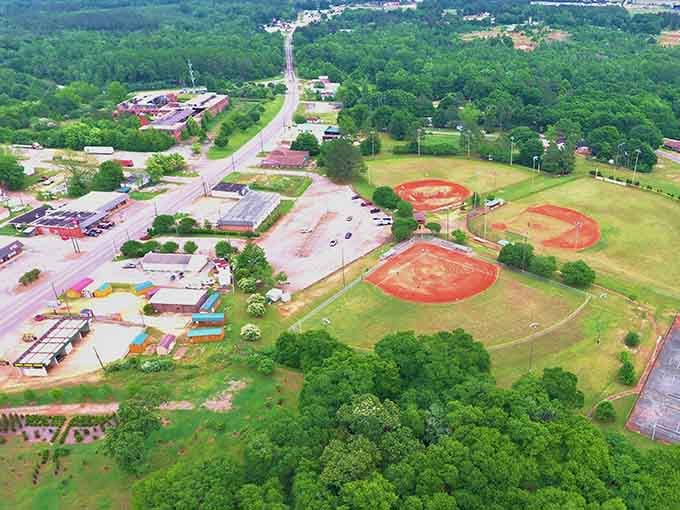 The aerial view reveals a town nestled in green like a secret someone forgot to keep entirely secret.