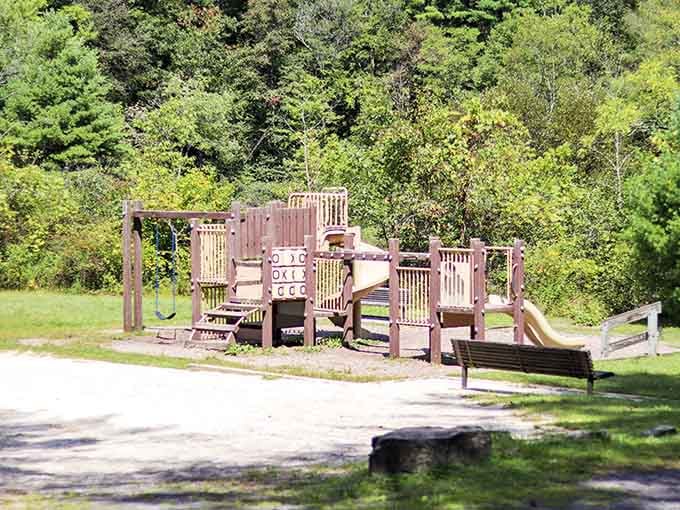 The playground gives kids a place to burn energy while parents contemplate the merits of afternoon naps.