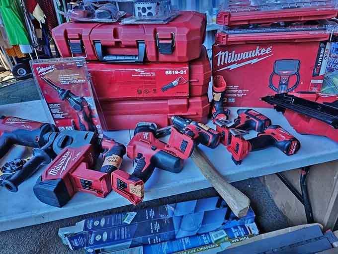 Milwaukee power tools spread out temptingly, making every DIY project seem suddenly achievable and almost too easy now.