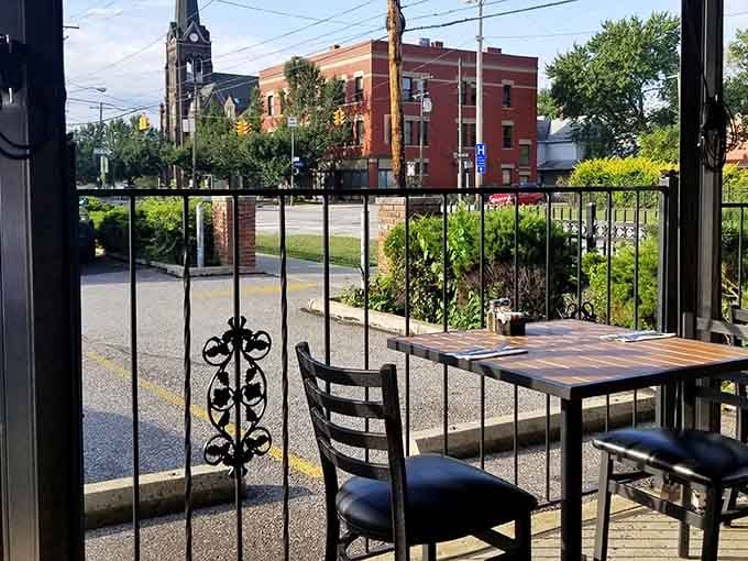 Outdoor seating with a neighborhood view, perfect for people-watching while your breakfast settles comfortably.