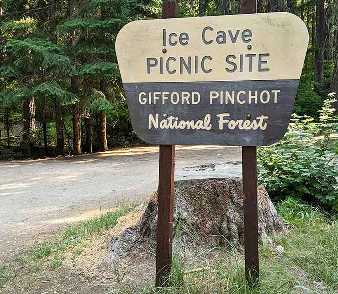 The official Gifford Pinchot sign confirms you're in the right place for subterranean frozen magic and picnic possibilities.