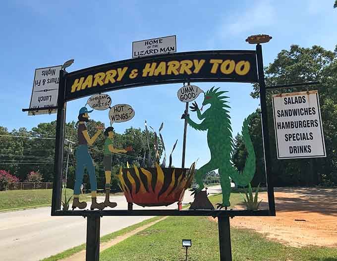 That roadside sign featuring the green legend himself lets you know you've arrived at Lizard Man headquarters, complete with hot wings.