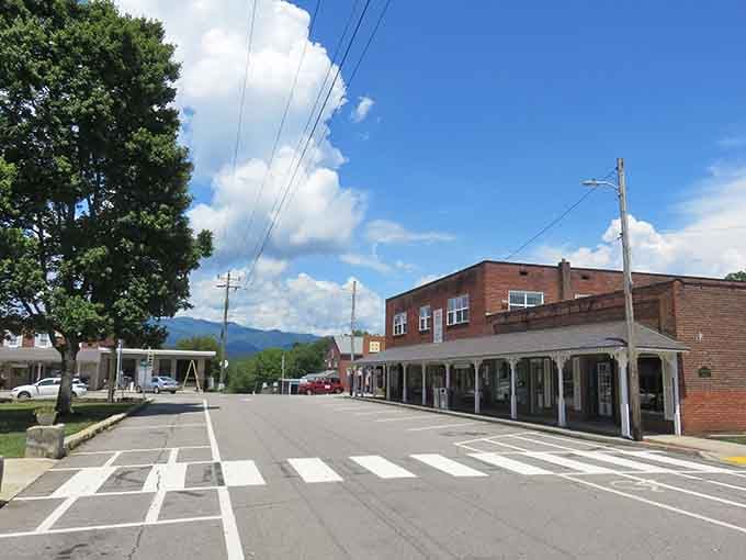 Downtown Hayesville's main drag invites leisurely strolls where every storefront tells its own story.