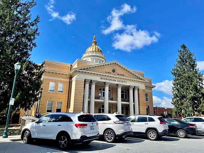 The Henderson County Courthouse commands attention with its golden dome, reminding everyone that civic pride never goes out of fashion.