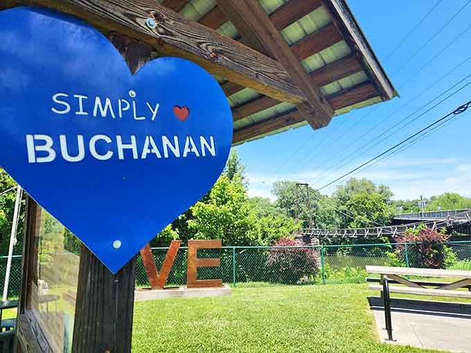 The "Simply Buchanan" sign captures the town's unpretentious appeal and genuine warmth toward visitors perfectly.
