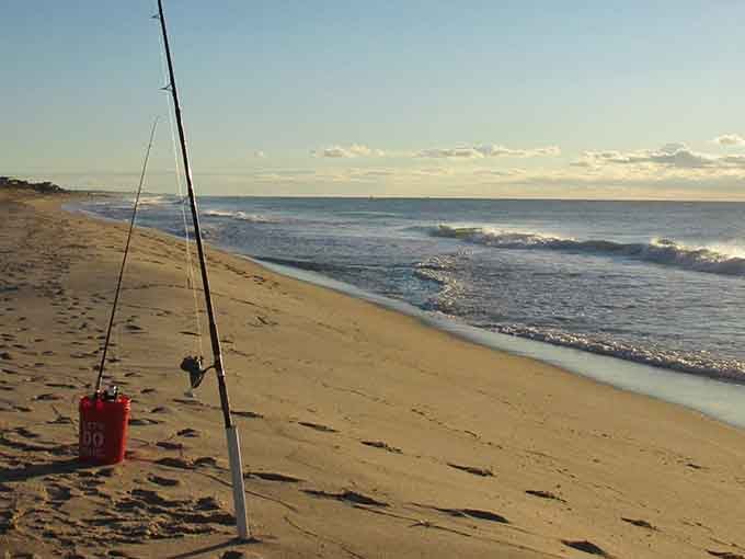 Surf fishing at golden hour when the fish are biting and life's complications feel wonderfully far away.
