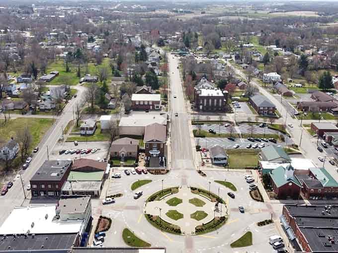 From above, the town square radiates outward like a compass rose, showing how thoughtful planning creates community gathering spaces beautifully.