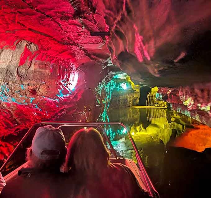 The boat ride view that makes you forget you're deep underground until you remember there's solid rock above you.