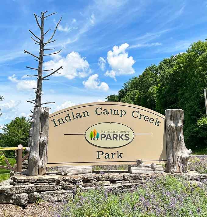 The welcoming sign at Indian Camp Creek Park marks the entrance to your new favorite family day trip destination.