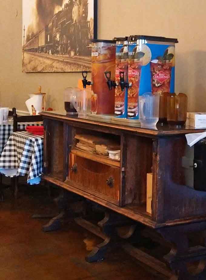 Sweet tea dispensers standing ready because in the South, tea isn't just a beverage, it's practically a food group.