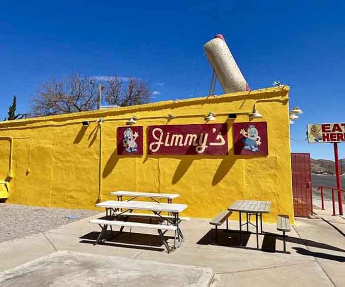 Outdoor picnic tables bask in Arizona sunshine, perfect for enjoying your meal while watching Bisbee's colorful parade of life.