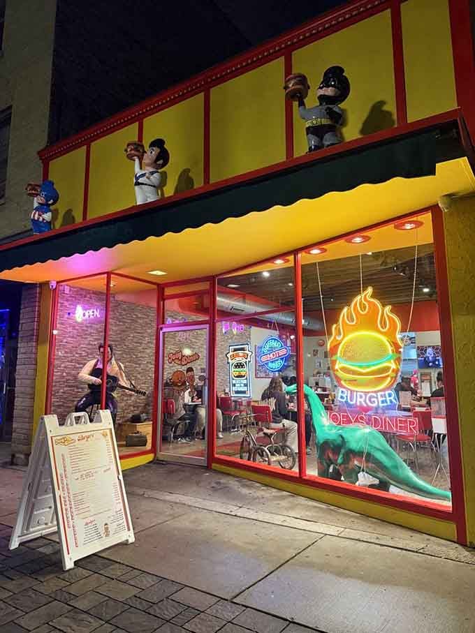 The exterior at night glows like a promise that good food and good times are waiting just inside.