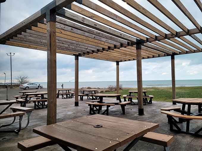 Outdoor seating with Lake Erie views means you can watch the water while eating what came out of it.