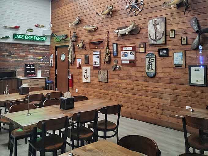 The wood-paneled wall decorated with fishing memorabilia tells you everything about this place's priorities.