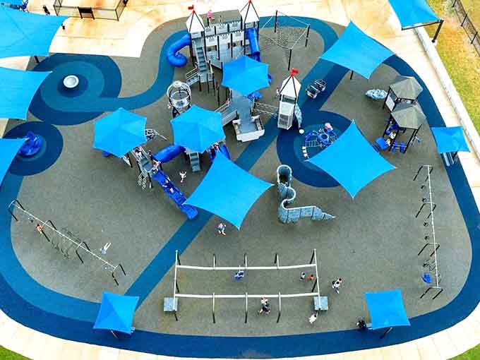 From above, the blue shade structures create a whimsical pattern that shows just how much thought went into this design.