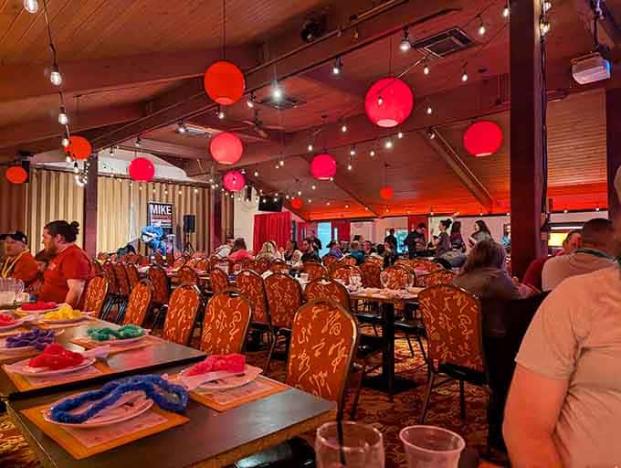 The main showroom seats crowds under colorful lighting that shifts moods faster than your indecisive dinner companion.
