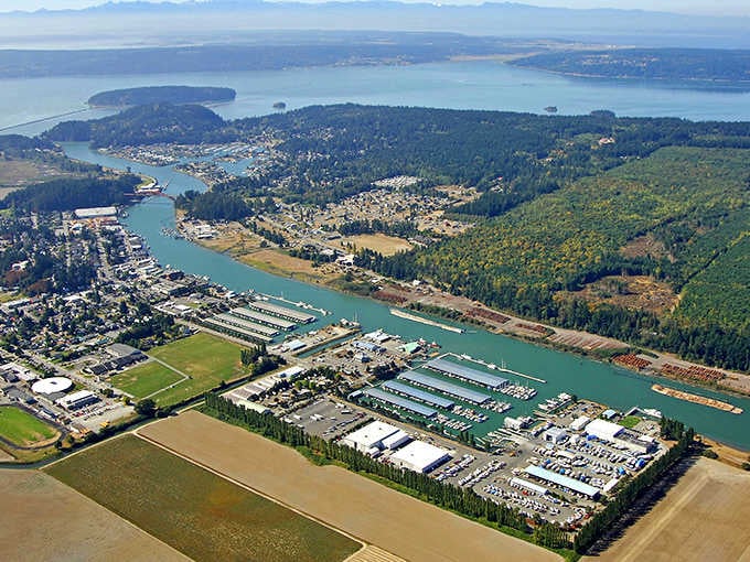 From above, La Conner reveals its perfect position between water and farmland, a town that chose location wisely.