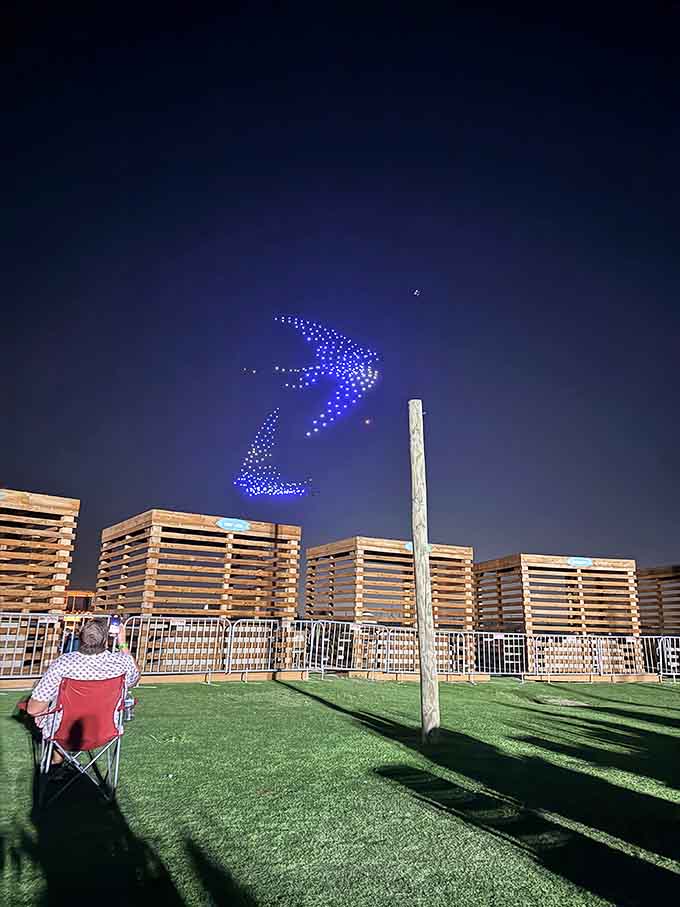 Night falls and the drone light show begins, because apparently this place wasn't magical enough during daylight hours.