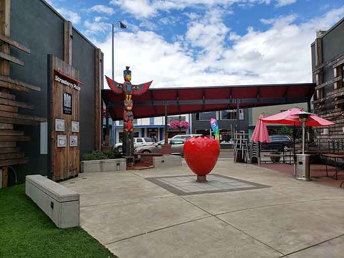 Strawberry Plaza celebrates Lebanon's agricultural roots with public art that's both whimsical and community-proud.
