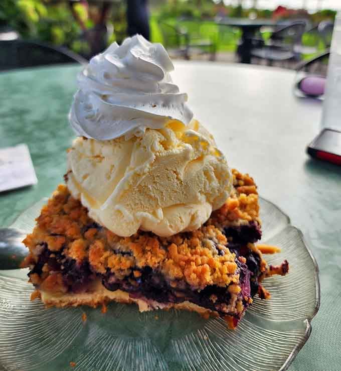 Berry szarlotka topped with ice cream and whipped cream makes you understand why Poland perfected fruit desserts.