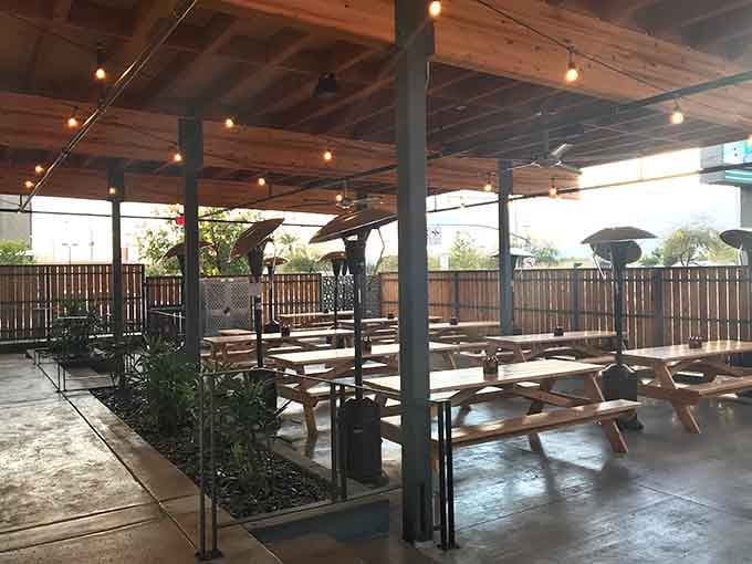 The covered patio offers shaded relief where you can enjoy your barbecue bounty without melting completely.