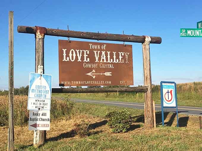 This sign doesn't lie, Love Valley really does claim the title of Cowboy Capital with absolute confidence and zero apologies.
