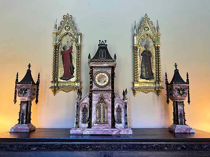 The mantel decorations are so intricate they probably required their own staff member just to dust them properly.