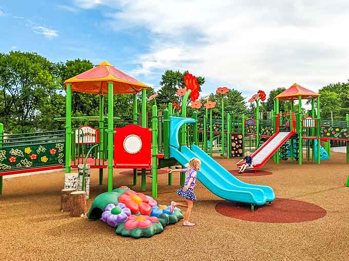 The whole playground bursts with color and possibility, a testament to what happens when communities design with everyone in mind.