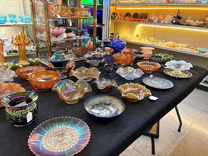 Carnival glass collection shimmering with iridescent beauty that makes modern glassware look downright boring by comparison.